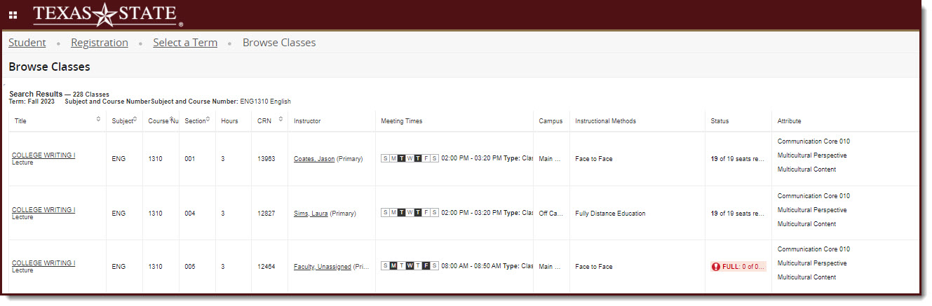 Look up Classes : TXST One Stop : Texas State University