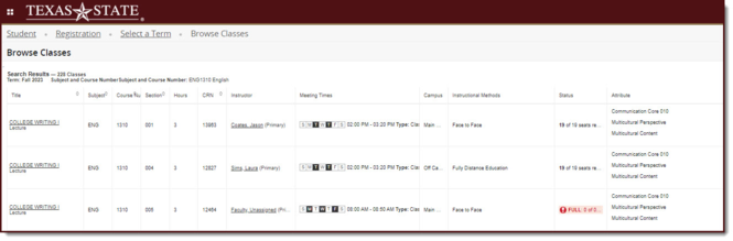 Look up Classes : TXST One Stop : Texas State University